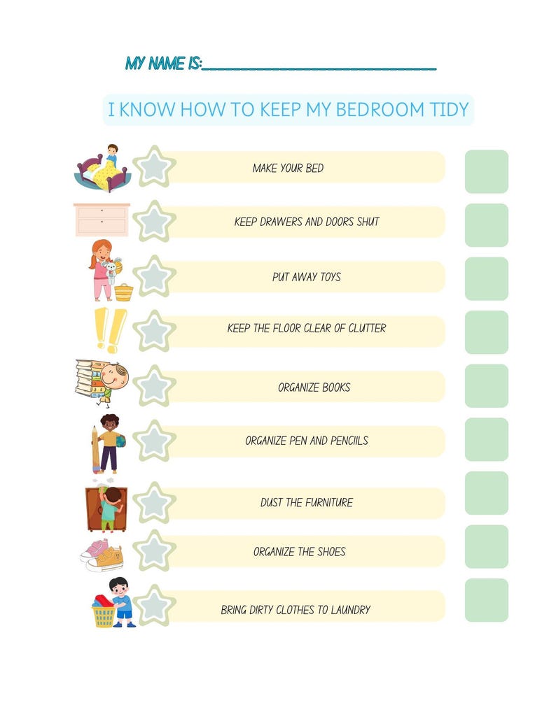 Kid's Tidy Bedroom Checklist Planner Chore's Chart Organization ...