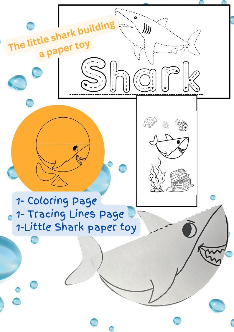 1 Printable Shark Paper Toy 1 Coloring Page Shark 1 Page Tracing Lines ...