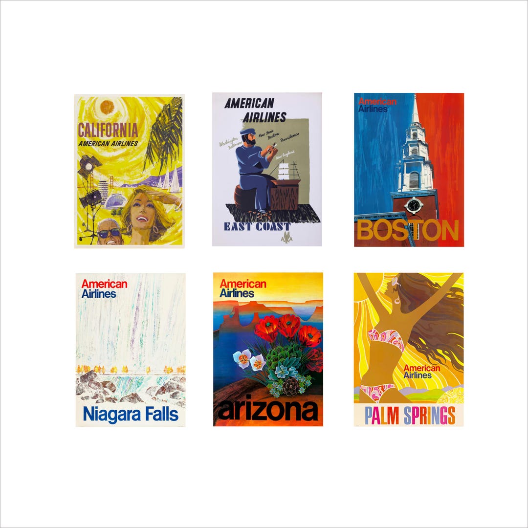 Vintage American Airlines Travel Posters Set of 6 – California, East ...