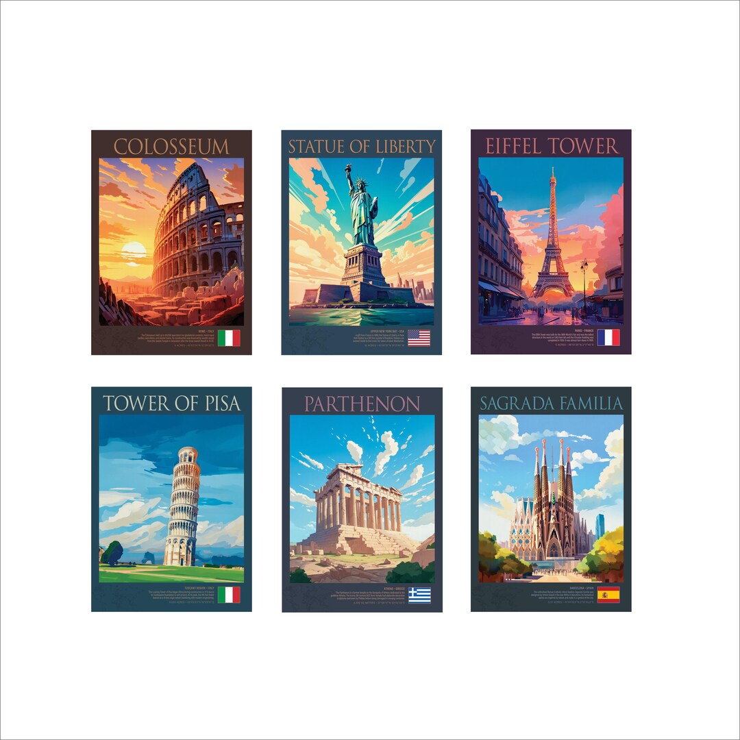 Landmarks Travel Poster Set, Vintage Art Prints, Famous Destinations - Etsy