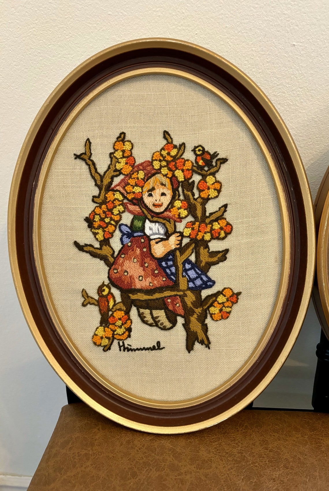 Vintage Hummel Crewel Embroidery Wall Hanging, Oval Frame and Round ...