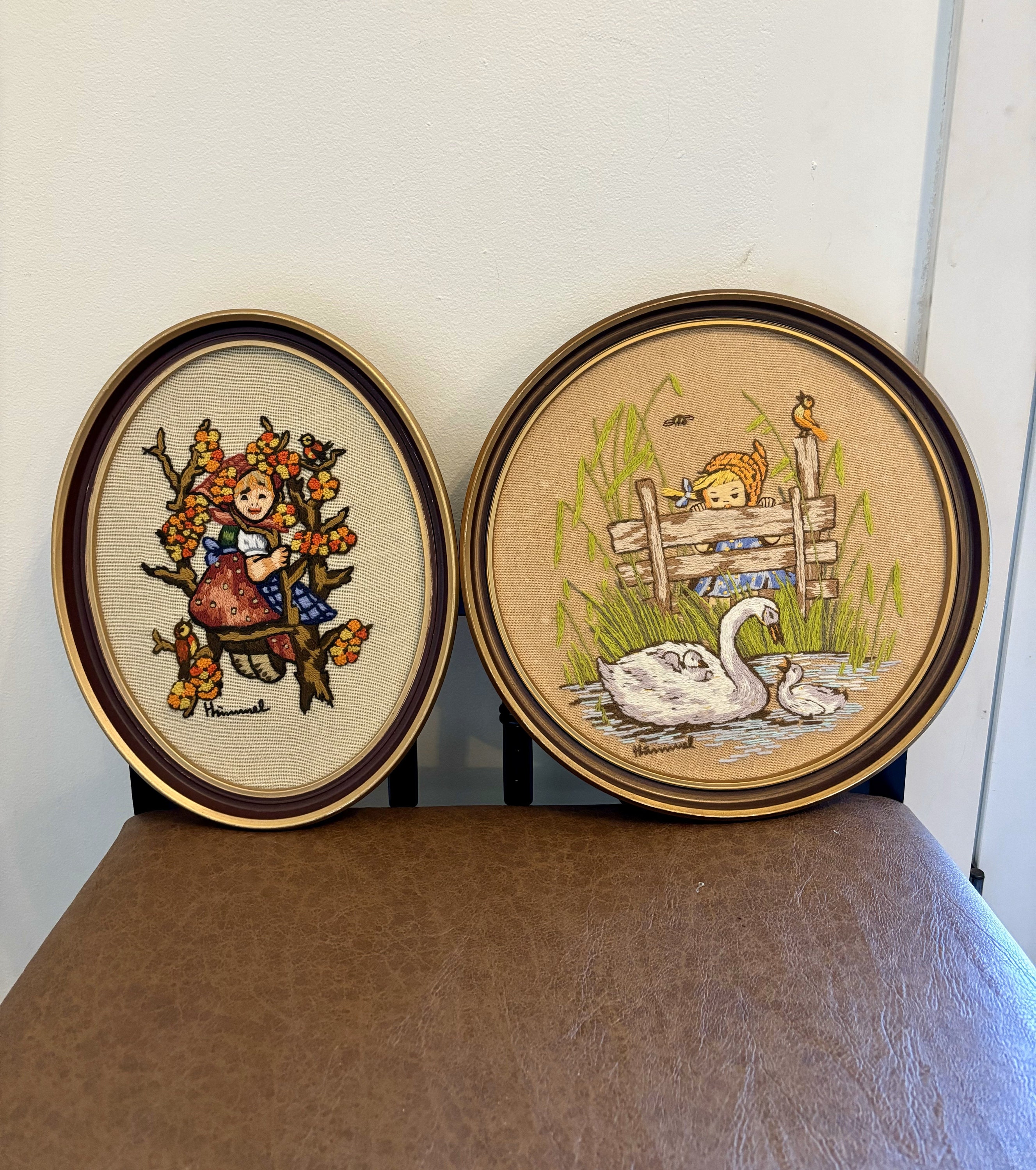 Vintage Hummel Crewel Embroidery Wall Hanging, Oval Frame and Round ...