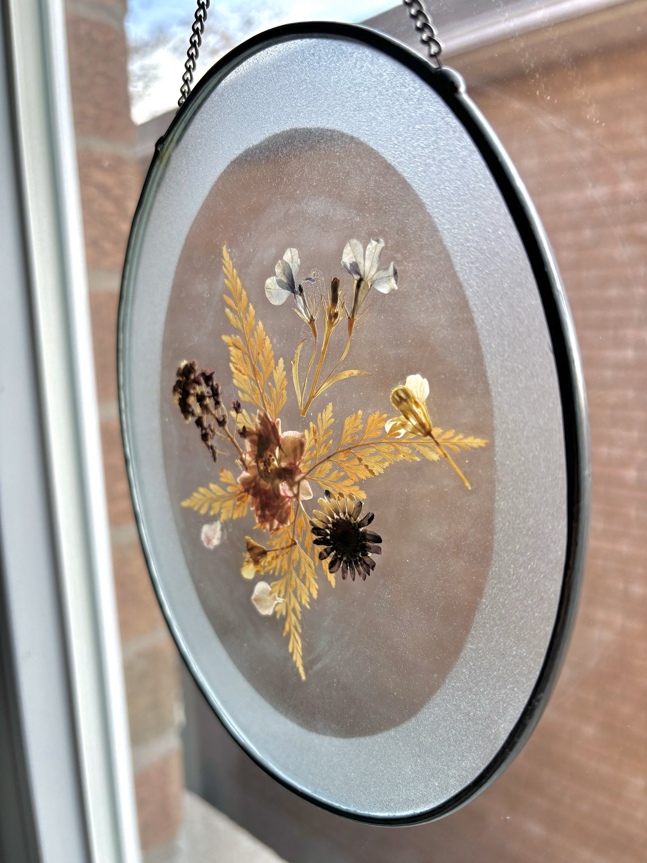 Vintage Pressed Flower Suncatcher, Oval Shaped Glass Suncatcher - Etsy