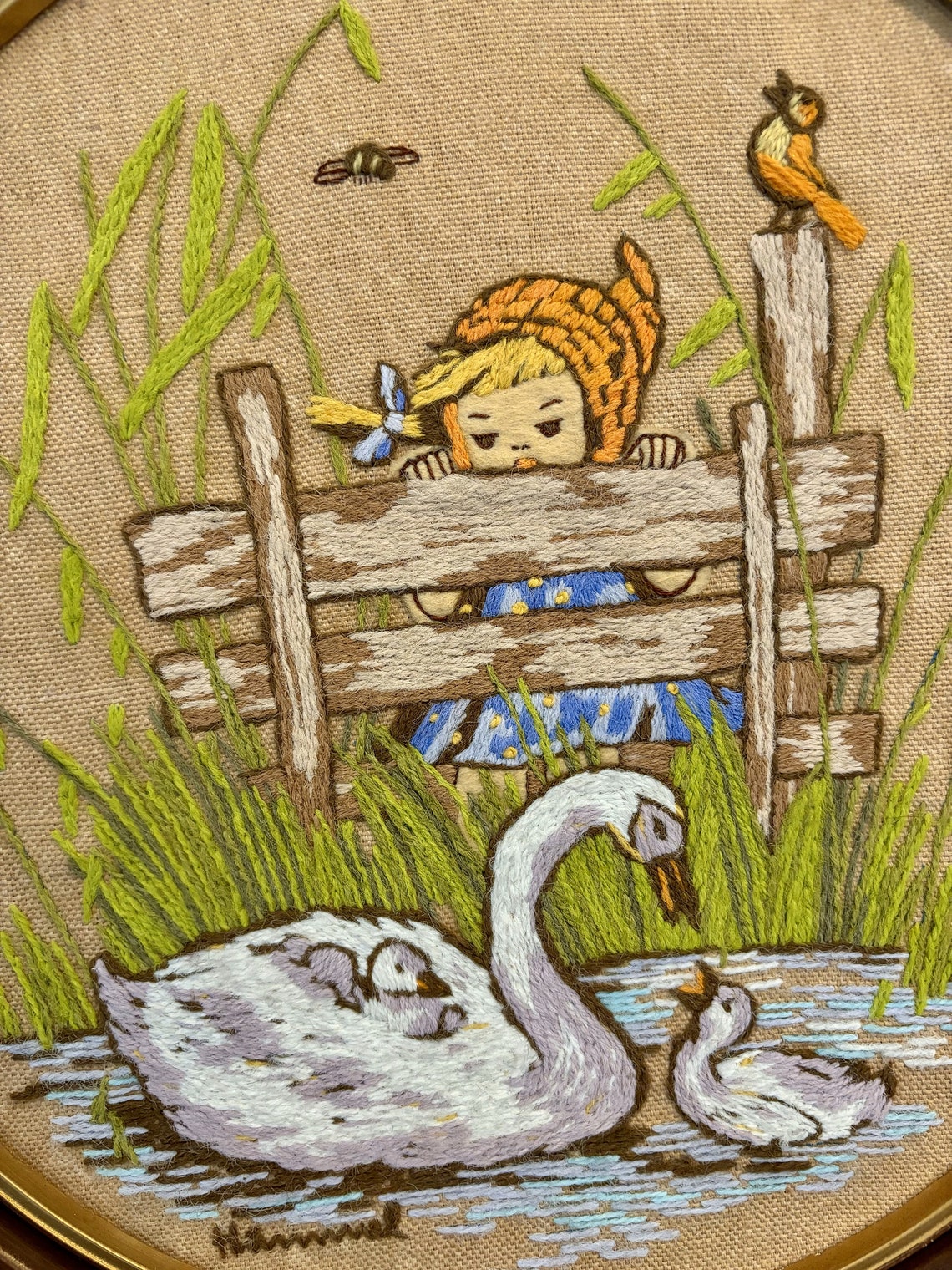 Vintage Hummel Crewel Embroidery Wall Hanging, Oval Frame and Round ...