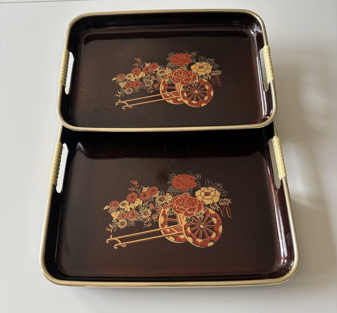 Vintage Japan Lacquerware Tray Set, Rickshaw With Flowers, 2 Piece Set ...