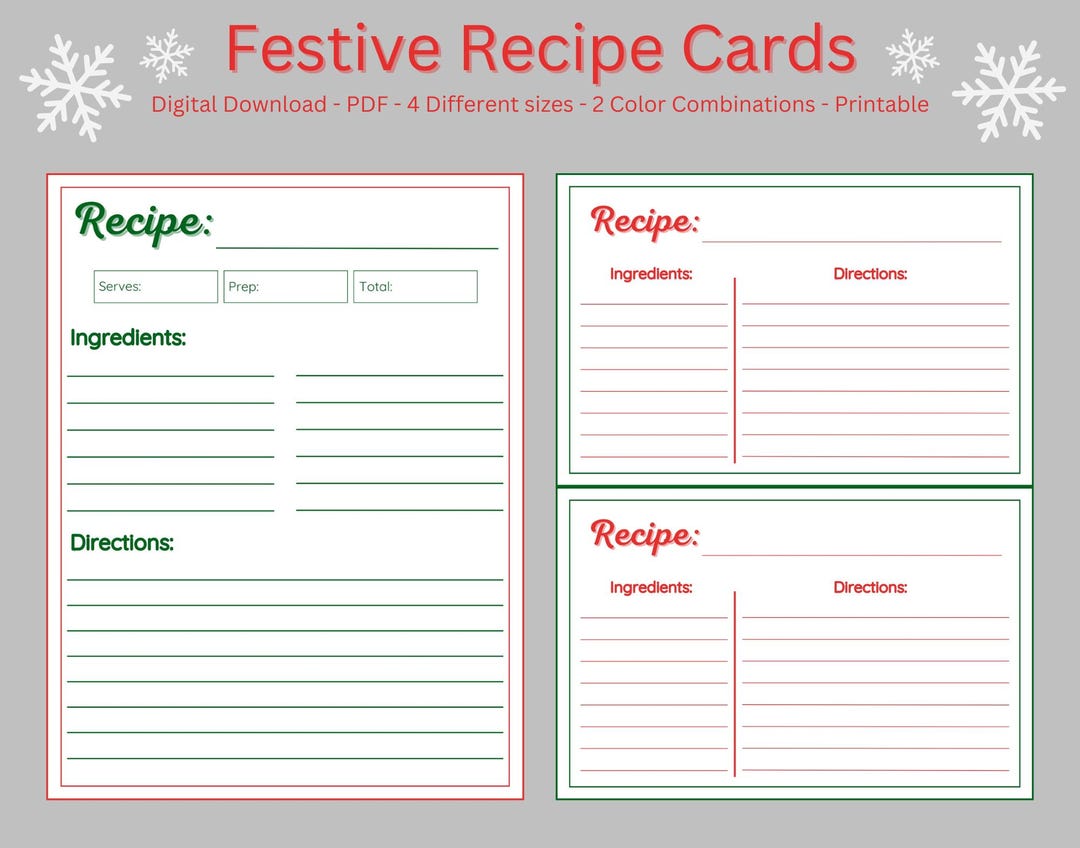 Printable Recipe Cards, 4 Different Sizes, Digital Download, Festive ...