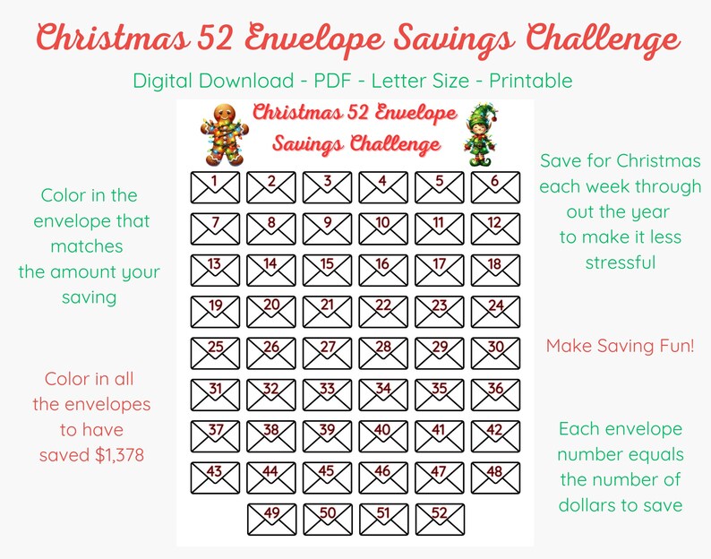 Christmas 52 Envelope Savings Challenge, Printable, Digital Download ...