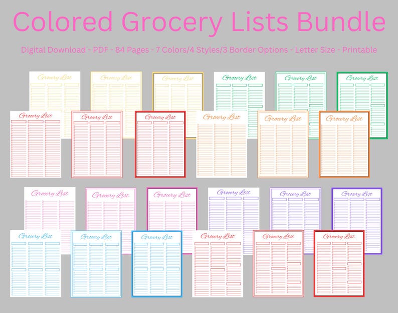 Printable Grocery Lists, Digital Download, 84 Pages, 7 Colors, 4 Styles ...