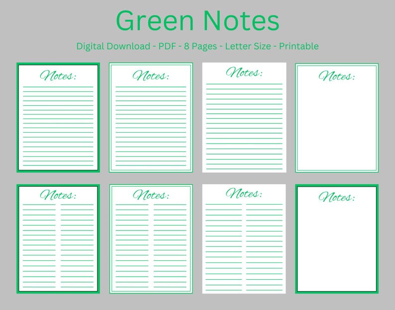 Printable Note Pages, Digital Download, 8 Pages, 3 Styles, Green - Etsy