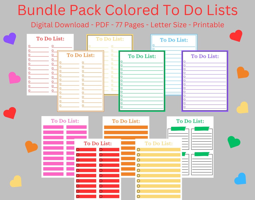 Printable to Do Lists, Digital Download, 77 Pages, 7 Colors, 11 Styles ...