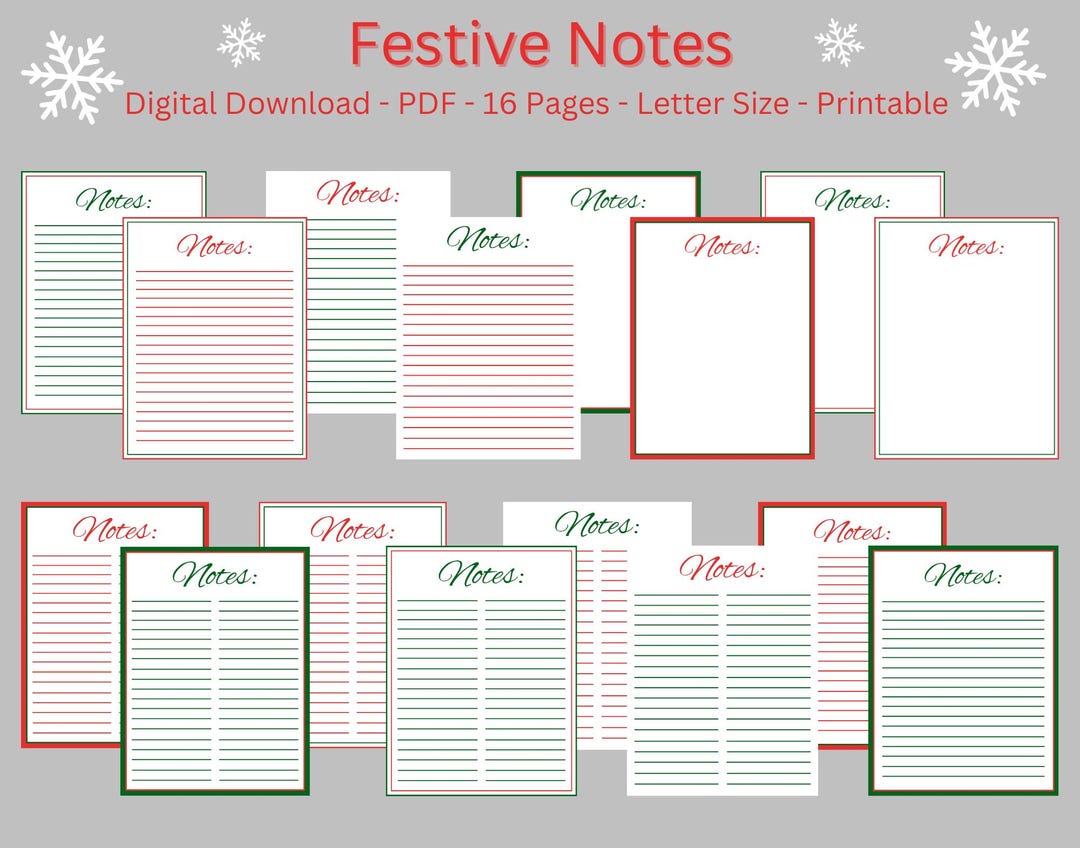 Printable Note Pages, 16 Pages, Digital Download, Festive Note Pages ...