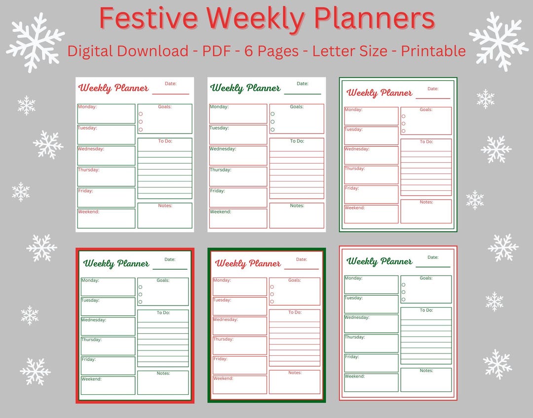Printable Weekly Planners, 6 Pages, Digital Download, Festive Weekly ...