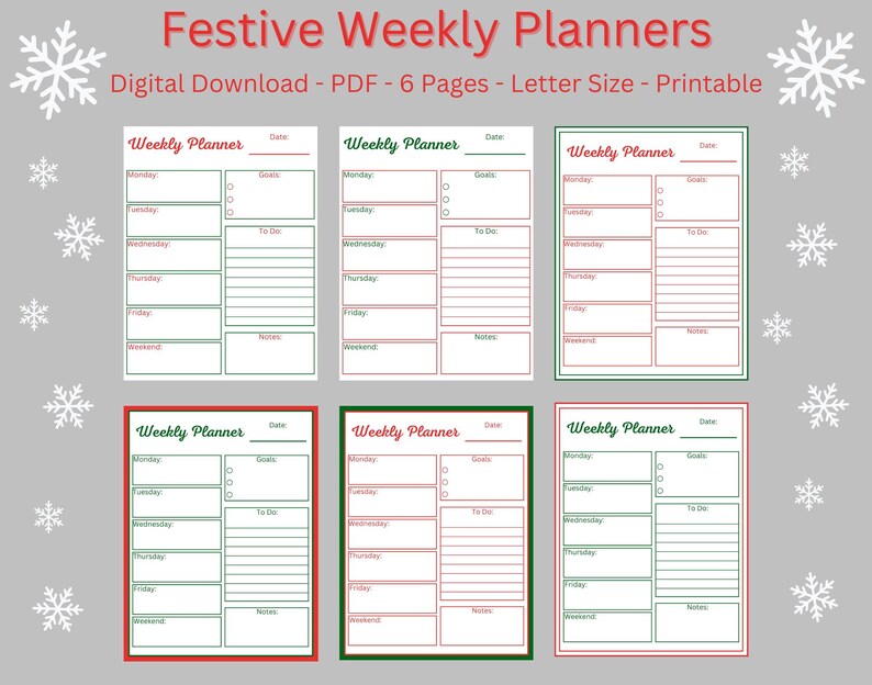 Printable Weekly Planners, 6 Pages, Digital Download, Festive Weekly ...