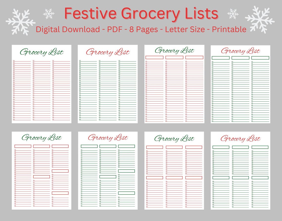 Printable Grocery Lists, 8 Pages, 4 Different Styles, Digital Download ...