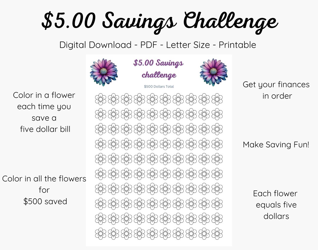 Five Dollar Savings Challenge, Printable, Digital Download, Printable ...