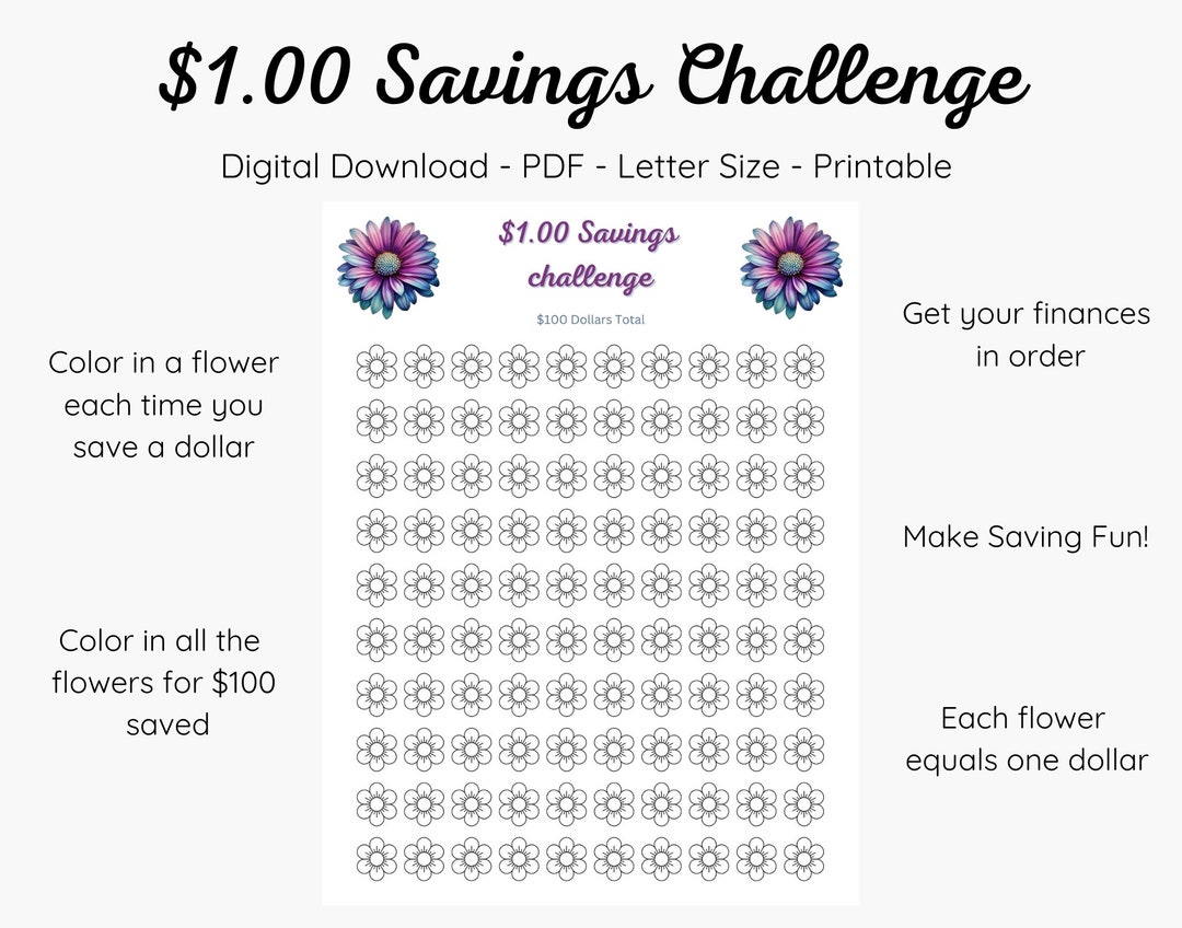 One Dollar Savings Challenge, Printable, Digital Download, Printable ...