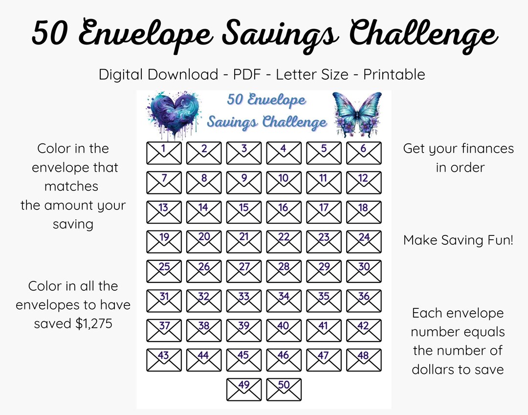 Printable 50 Envelope Savings Challenge, Digital Download, Printable ...