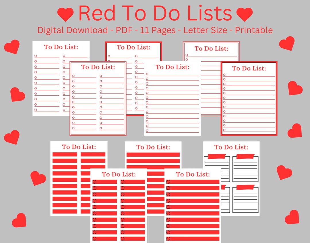 Printable to Do Lists, Digital Download, Red, 11 Styles Included - Etsy