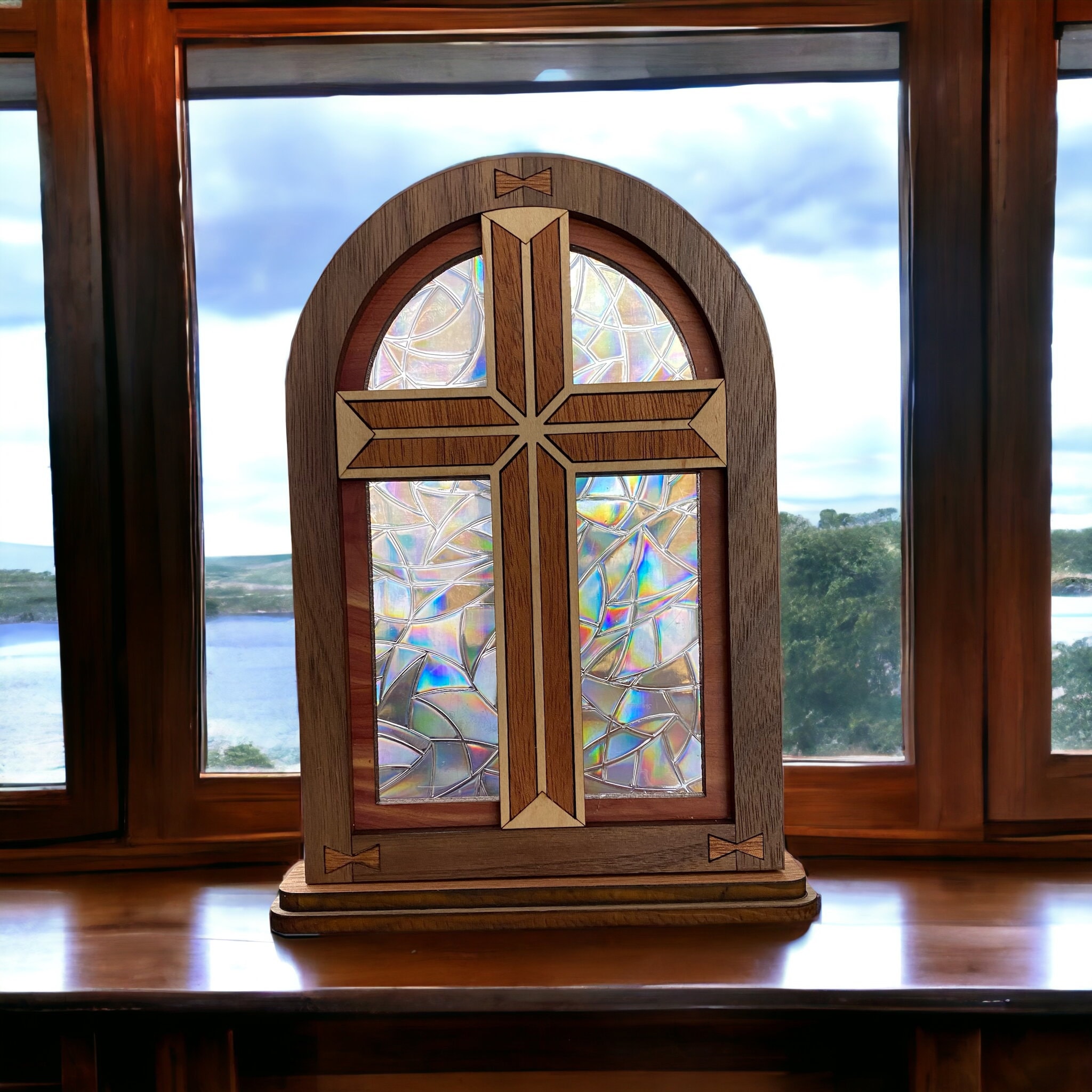 Cross Wood Inlay Shelf or Window Sitter Mantle Piece With Clear ...