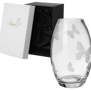 Butterfly Vase Luxury Hand Blown Glass Vase Etched Butterflies on Clear ...