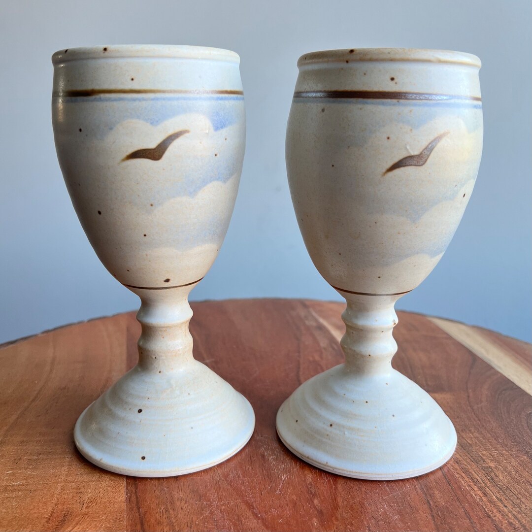 Set Of 2 Ceramic Chalices Art Pottery Water Goblets Earthenware 6 34
