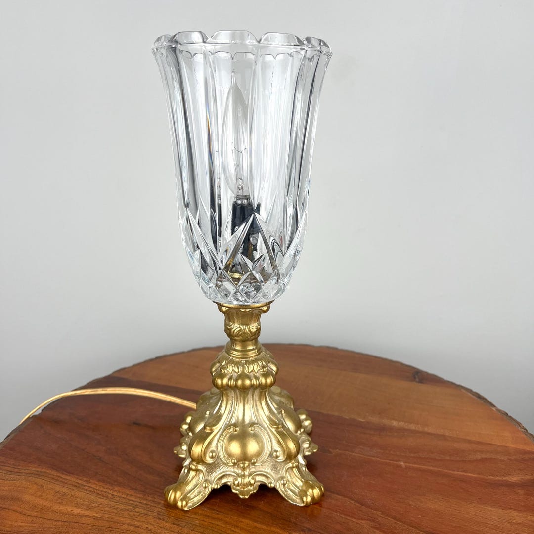 Vintage Cut Crystal Torchiere Lamp Ornate Brass Base, Heavy 2 Light ...