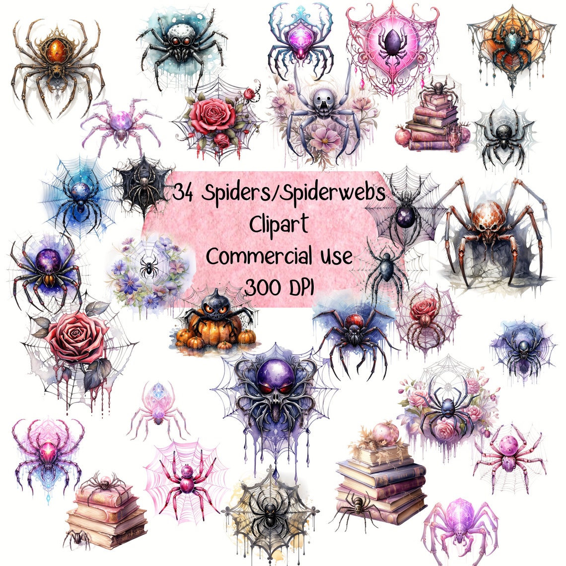 Spider Halloween Clipart Bundle Watercolor Teacher Design Png - Etsy