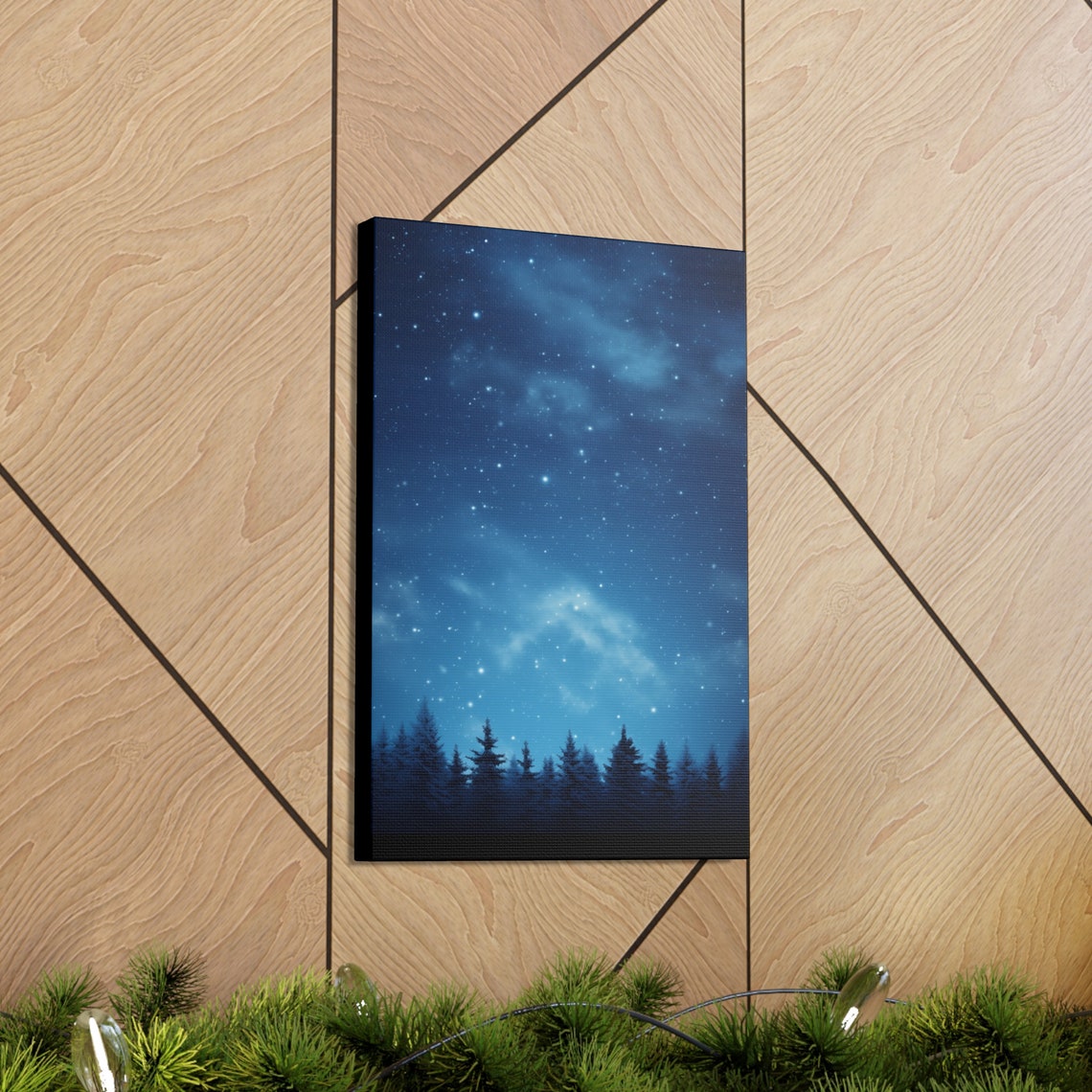 Bright Blue Night Sky With Tree Line Silhouette Art Print/ Wall Decor ...
