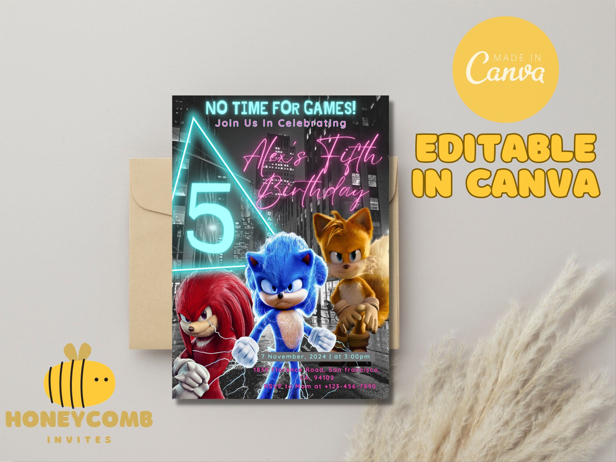 Sonic Birthday Digital Template, Neon Sonic, Tails, and Knuckles City ...