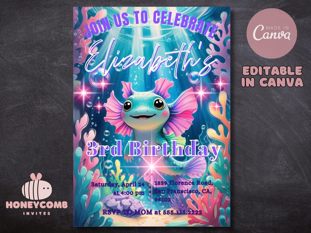 Axolotl Birthday Party Invitation | Editable Underwater Girl Birthday ...