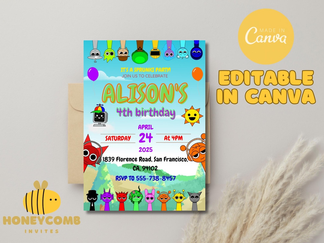 Sprunki Outdoor Birthday Invitation, Colorful Custom Kids Party Invite ...