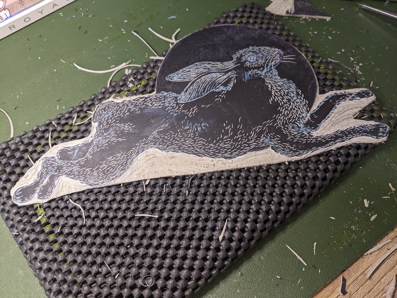 Rabbit Linocut Hand-print - Etsy