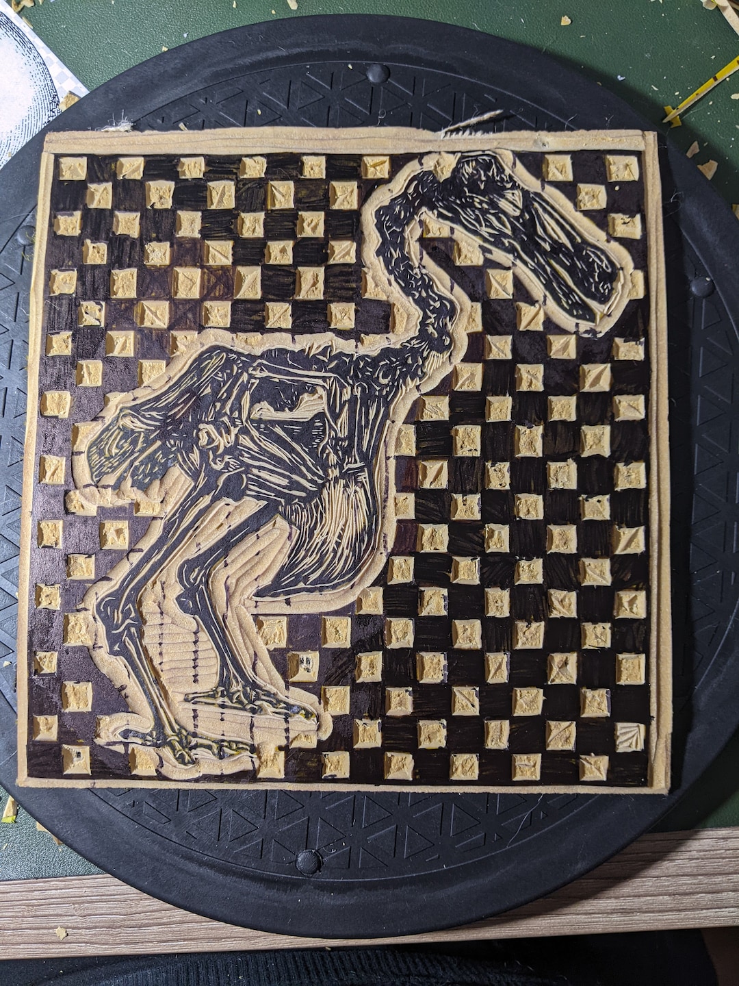 Checkered Chicken Linocut Hand-print - Etsy