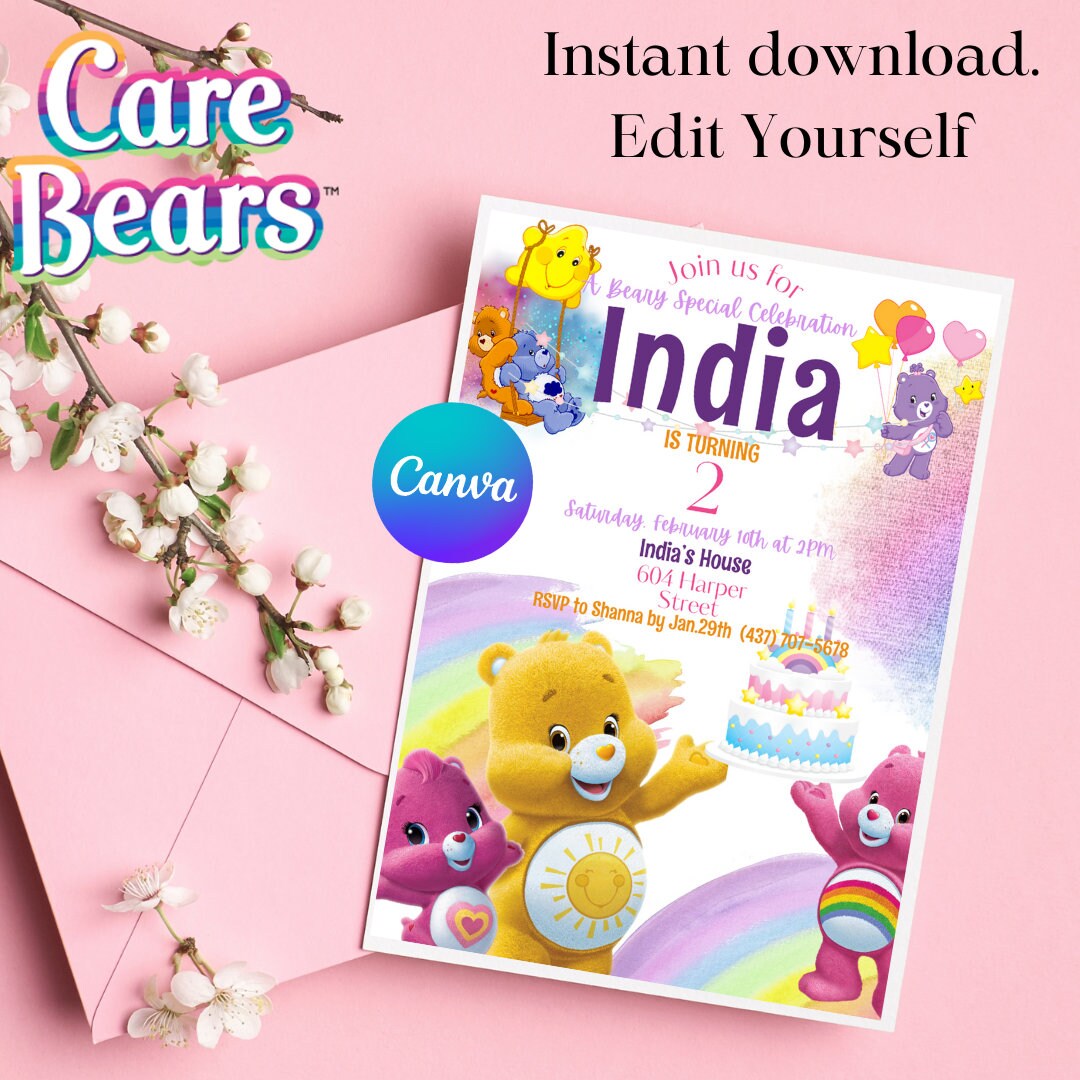 Care Bear Birthday Party Invitation Instant Download Carebear Invite ...