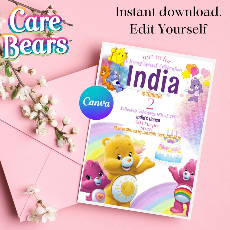 Care Bear Birthday Party Invitation Instant Download Carebear Invite ...