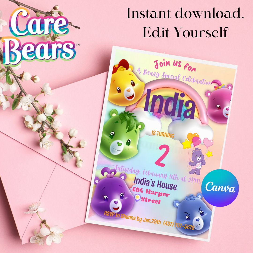 Care Bear Birthday Party Invitation Instant Download Carebear Invite ...