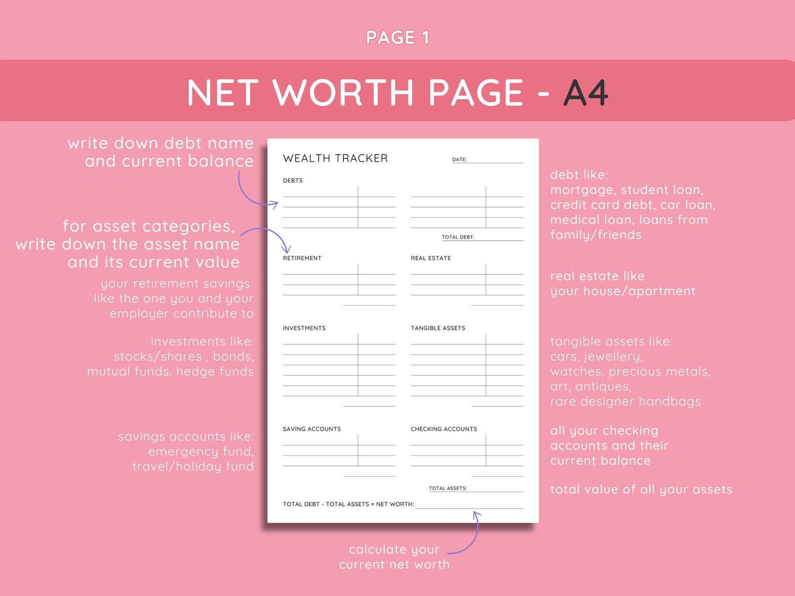 Wealth Tracker, Printable Debt Payoff Tracker, Simple Net Worth Tracker ...