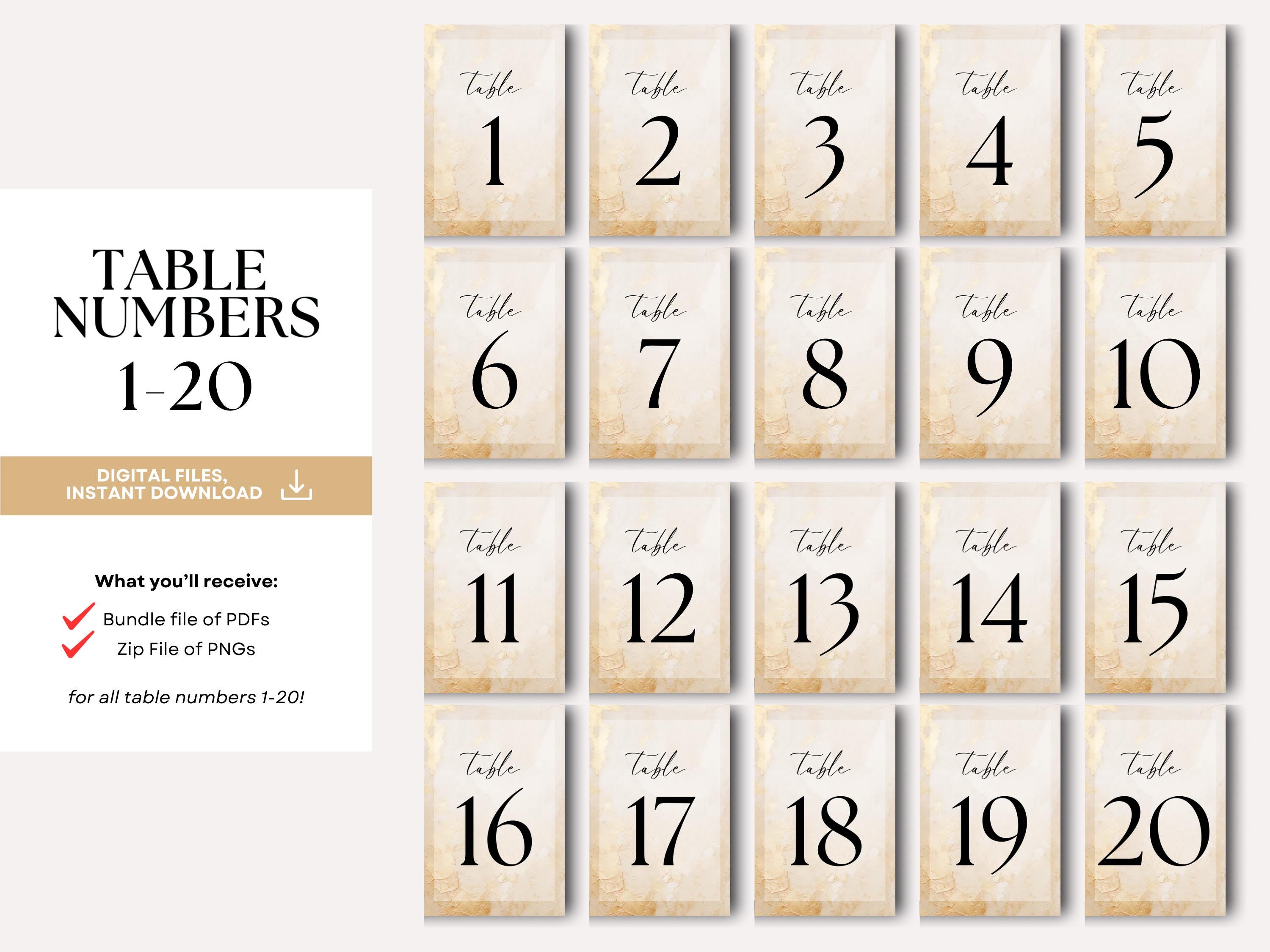 Elegant 4x6 Table Numbers 1–20 – Printable Wedding or Event Decor ...