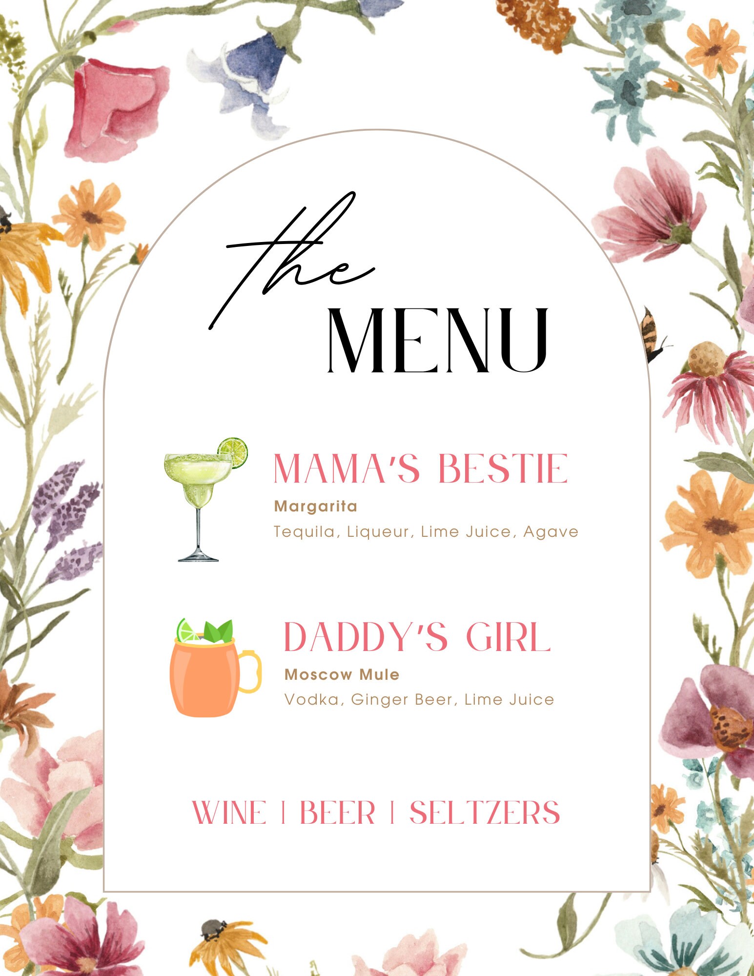 Bar Menu - Baby Birthday - Digital Template - Wildflower Theme - Etsy