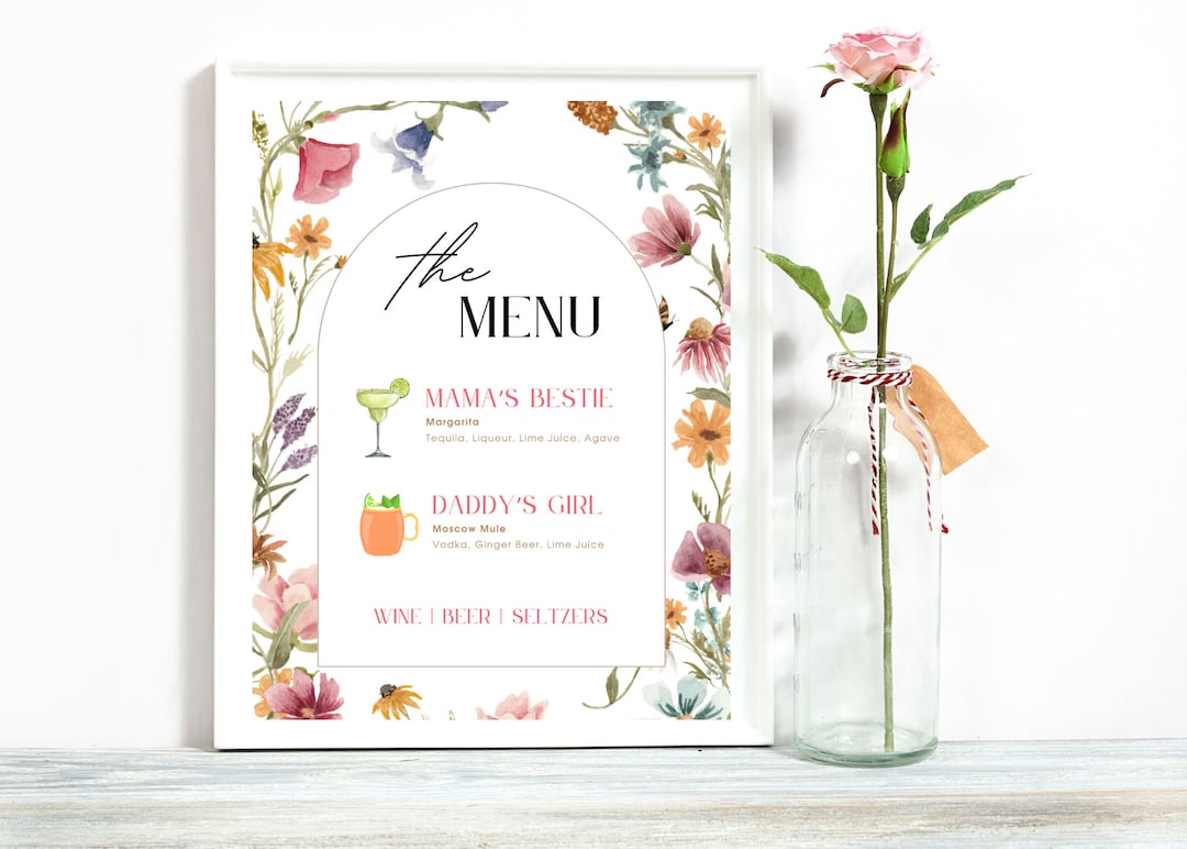 Bar Menu - Baby Birthday - Digital Template - Wildflower Theme - Etsy