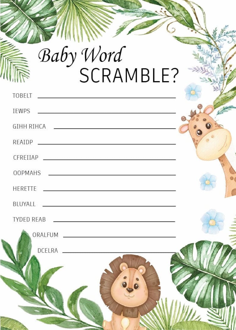 Safari Themed Baby Shower "baby Word Scramble" Game - Etsy