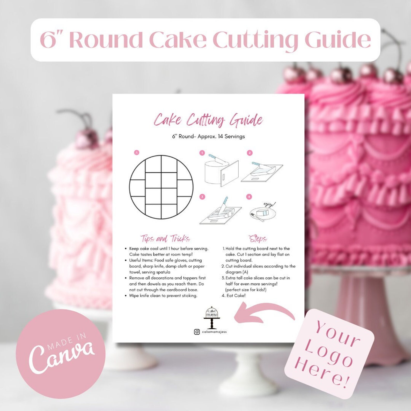 Cake Cutting Guide/instructions for an 6” Round Cake, 8.5”x11” Sized ...