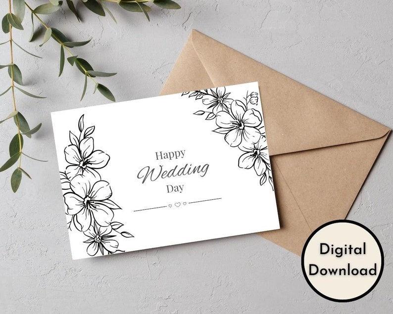Floral Happy Wedding Day Card DIGITAL Download Printable Wedding Card ...