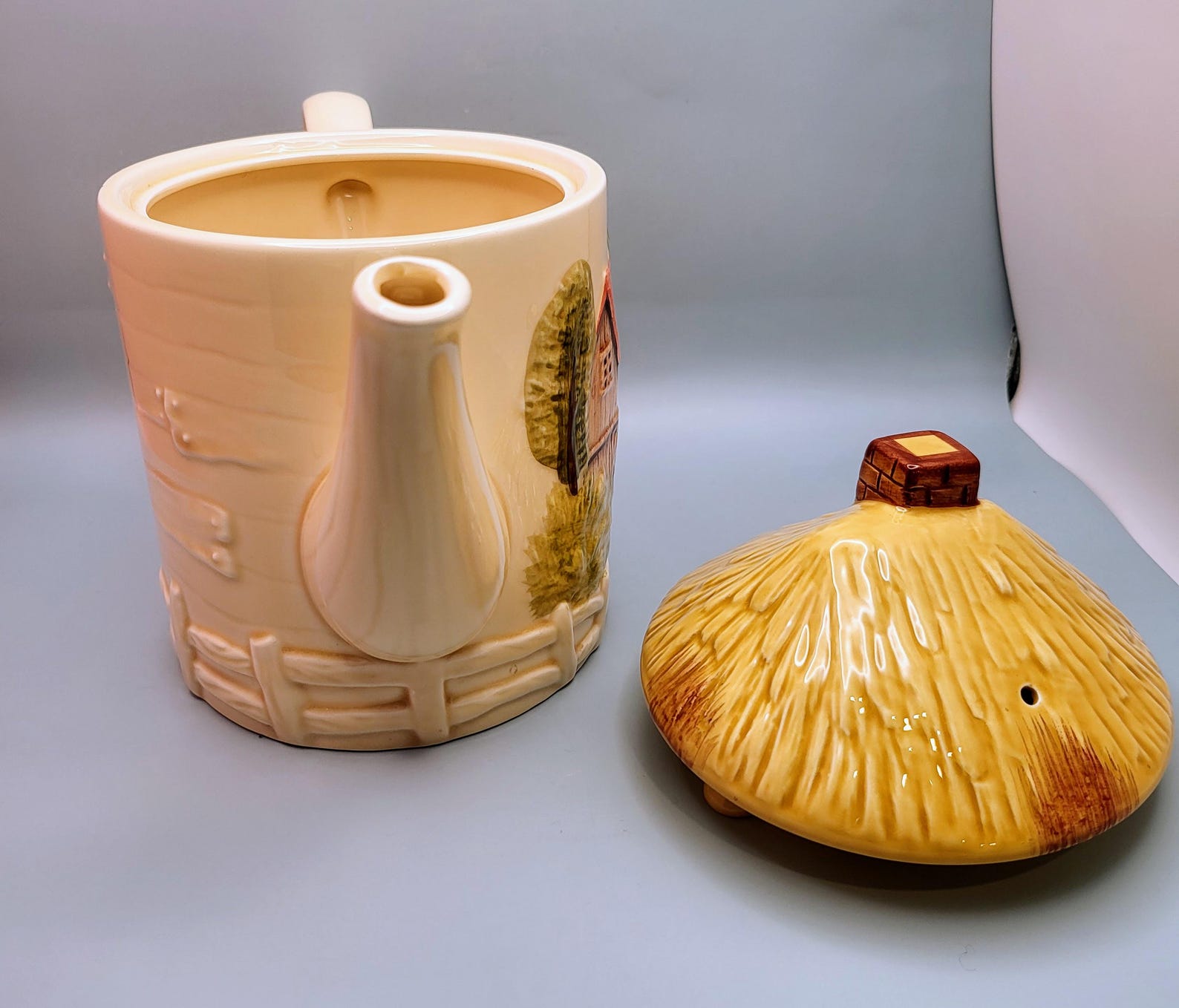 Country Scene Teapot, Marks Rosenfeld, Raised Relief Cottage Farmhouse ...