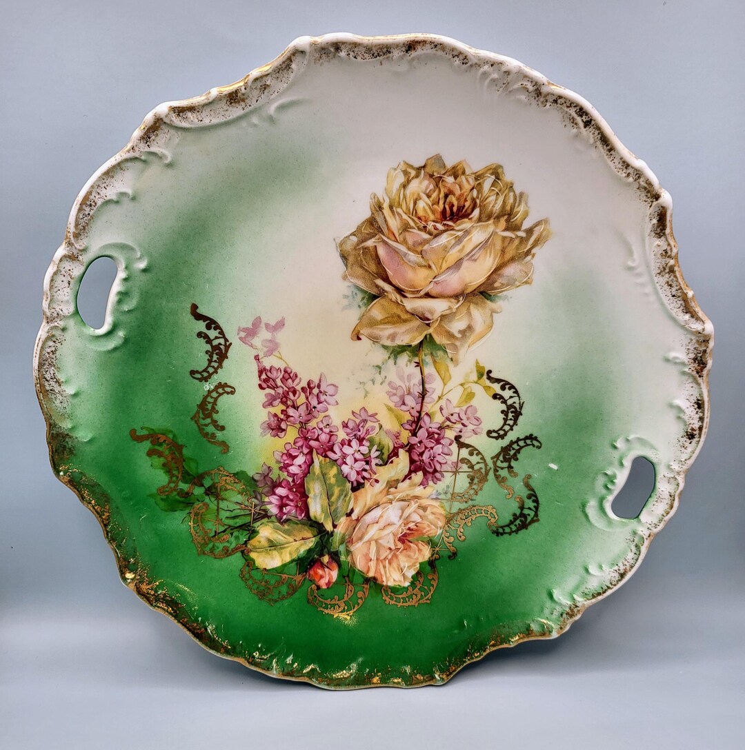 Decorative Plate, Green With Roses and Lilac, Hand-painted, Three ...