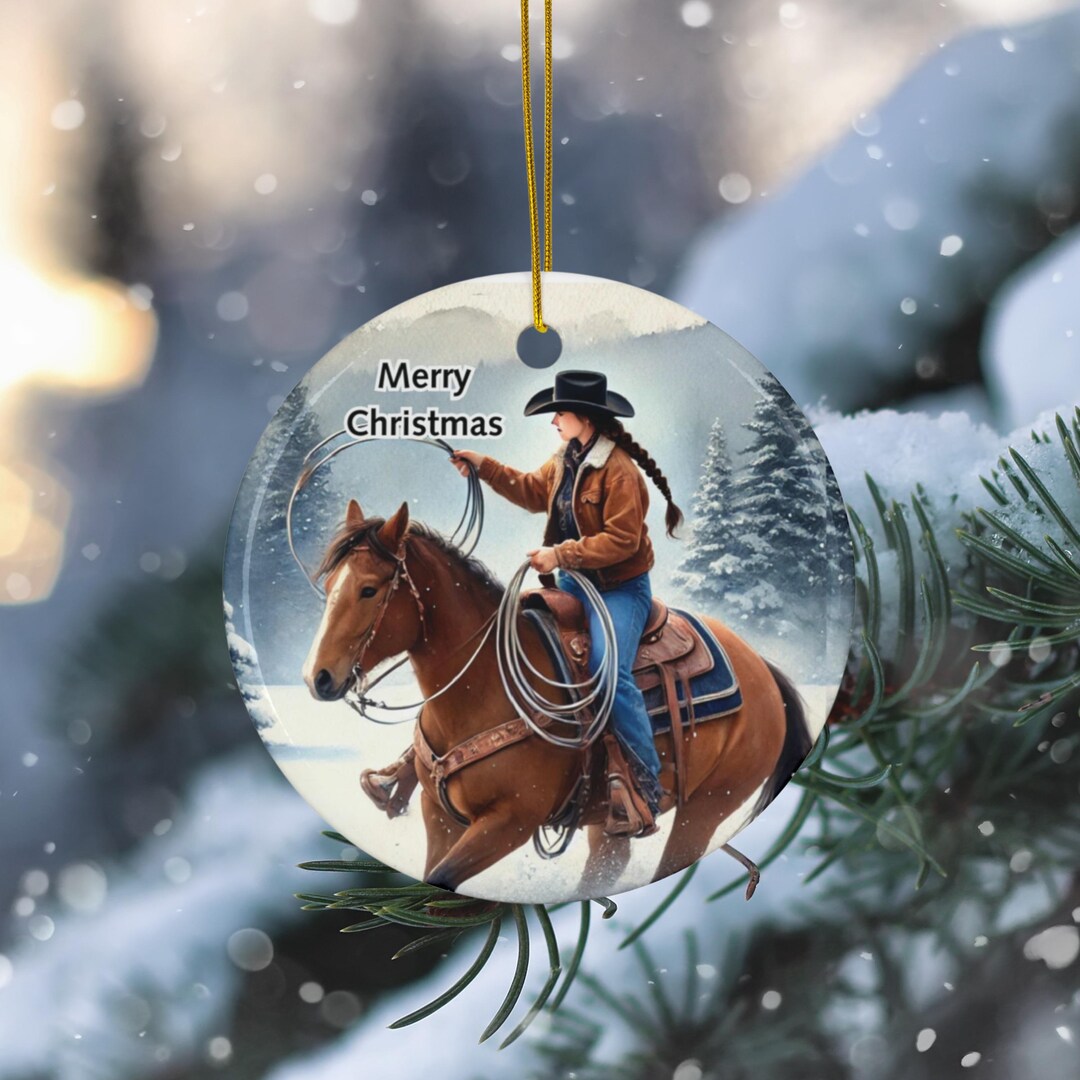 Personalized Christmas Bay Horse and Roping Rider Ceramic Ornament ...