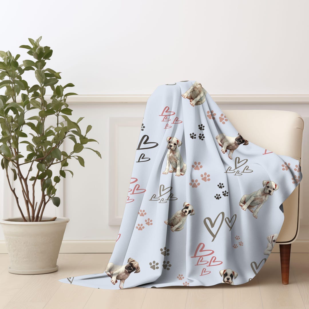 White Boxer Puppies Hearts Dog Plush Throw Blanket Cute Gift for Boxer ...