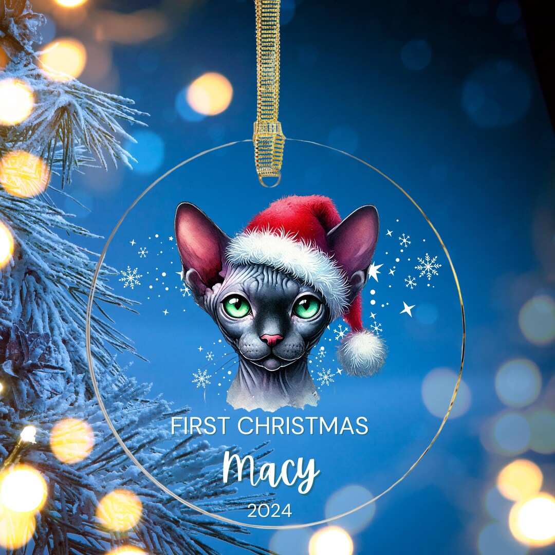 Personalized Black Sphynx Green Eyes Kitten First Christmas Acrylic ...