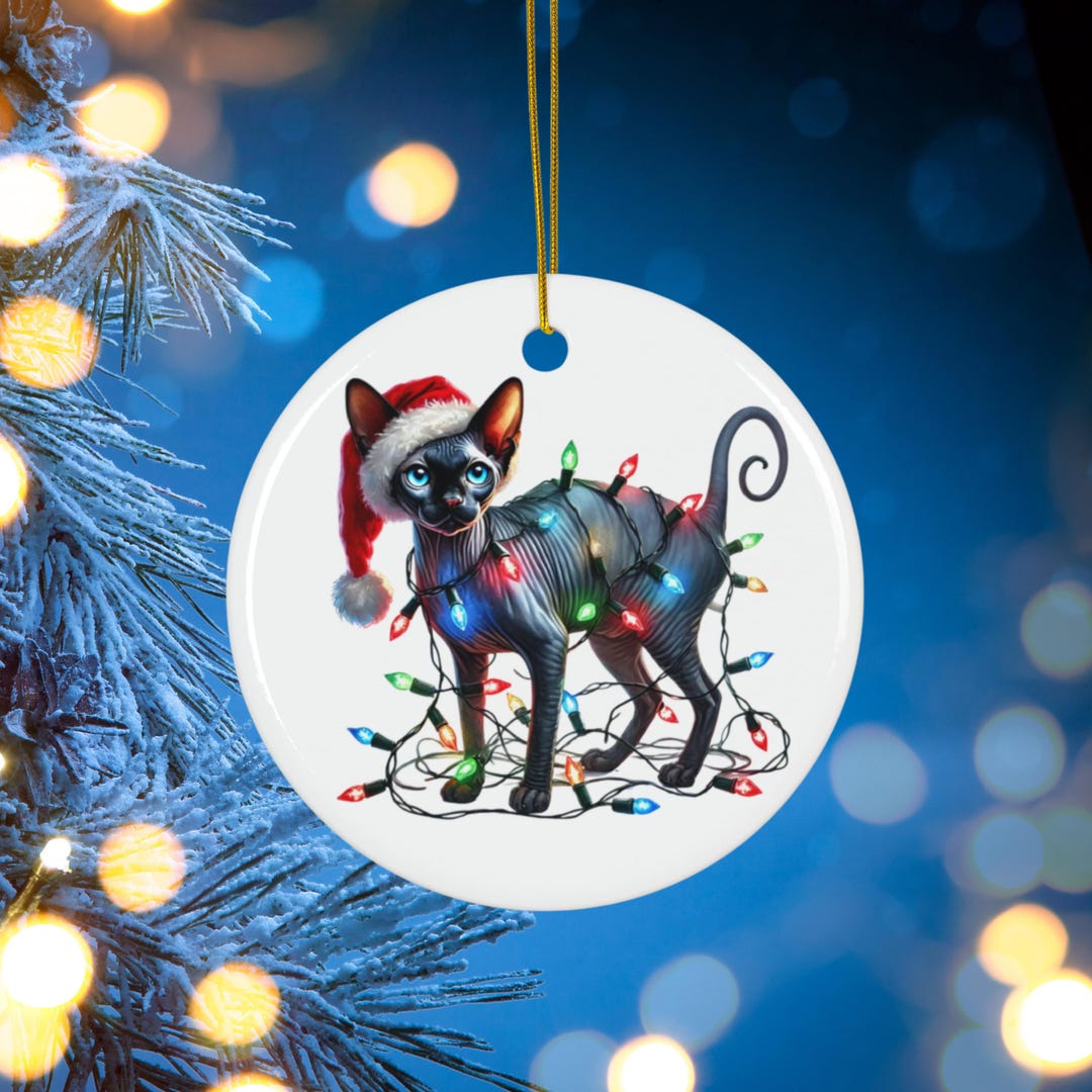 Black Sphynx Cat Christmas Ad Kitty Ornament Tangled in Lights Ceramic ...