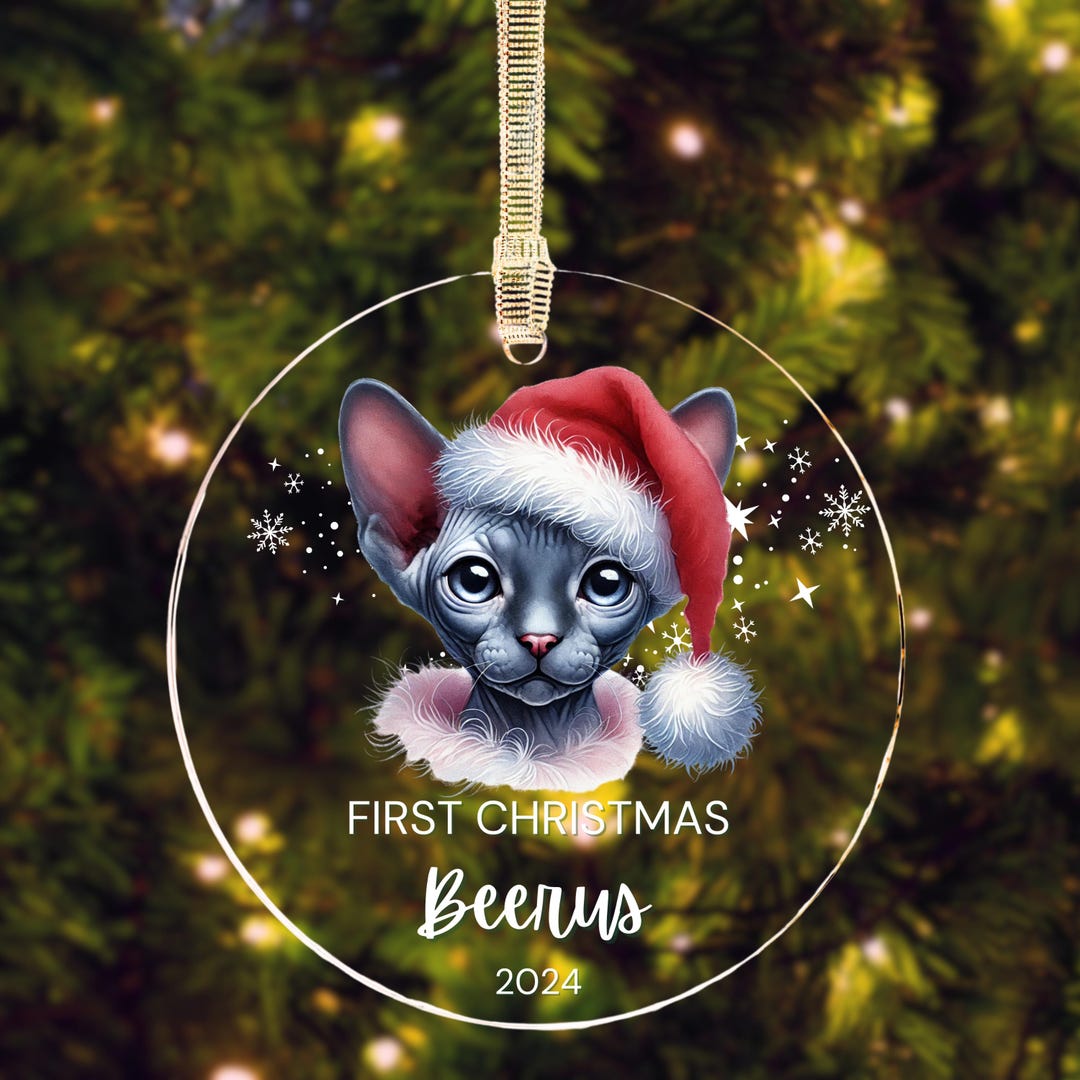 Personalized Black Sphynx Kitten First Christmas Acrylic Ornament ...